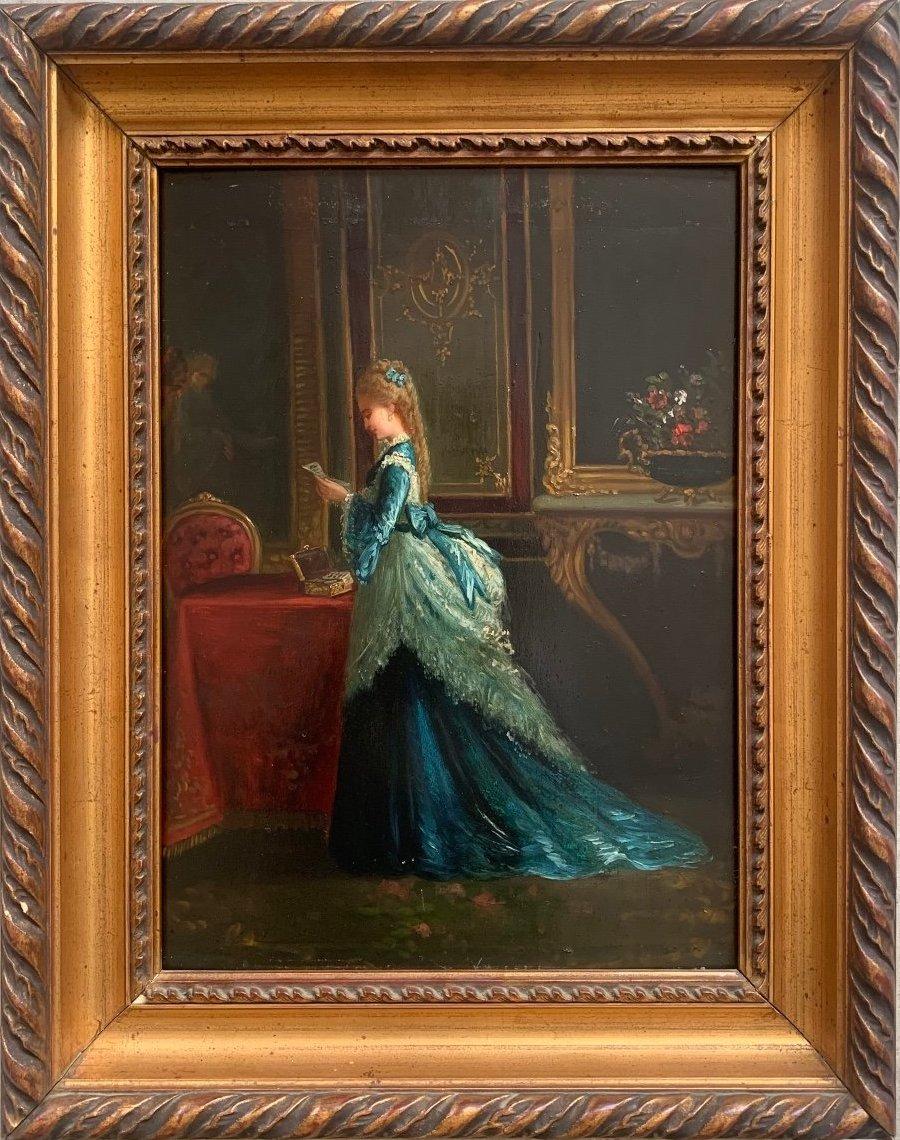 Unknown - The Letter, original antique oil on wood, French school For ...