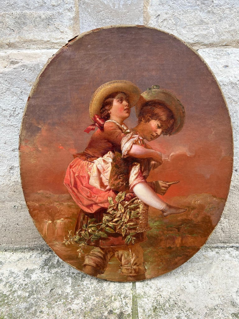 Unknown - The Piggy Back Ride Home, 18th century oval oil on canvas For ...