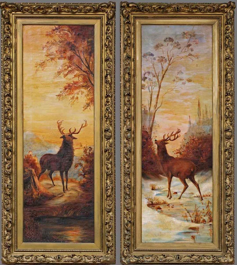 Unknown - Two Stags in Winter Landscape, Twilight Oil on Canvas, Dated ...