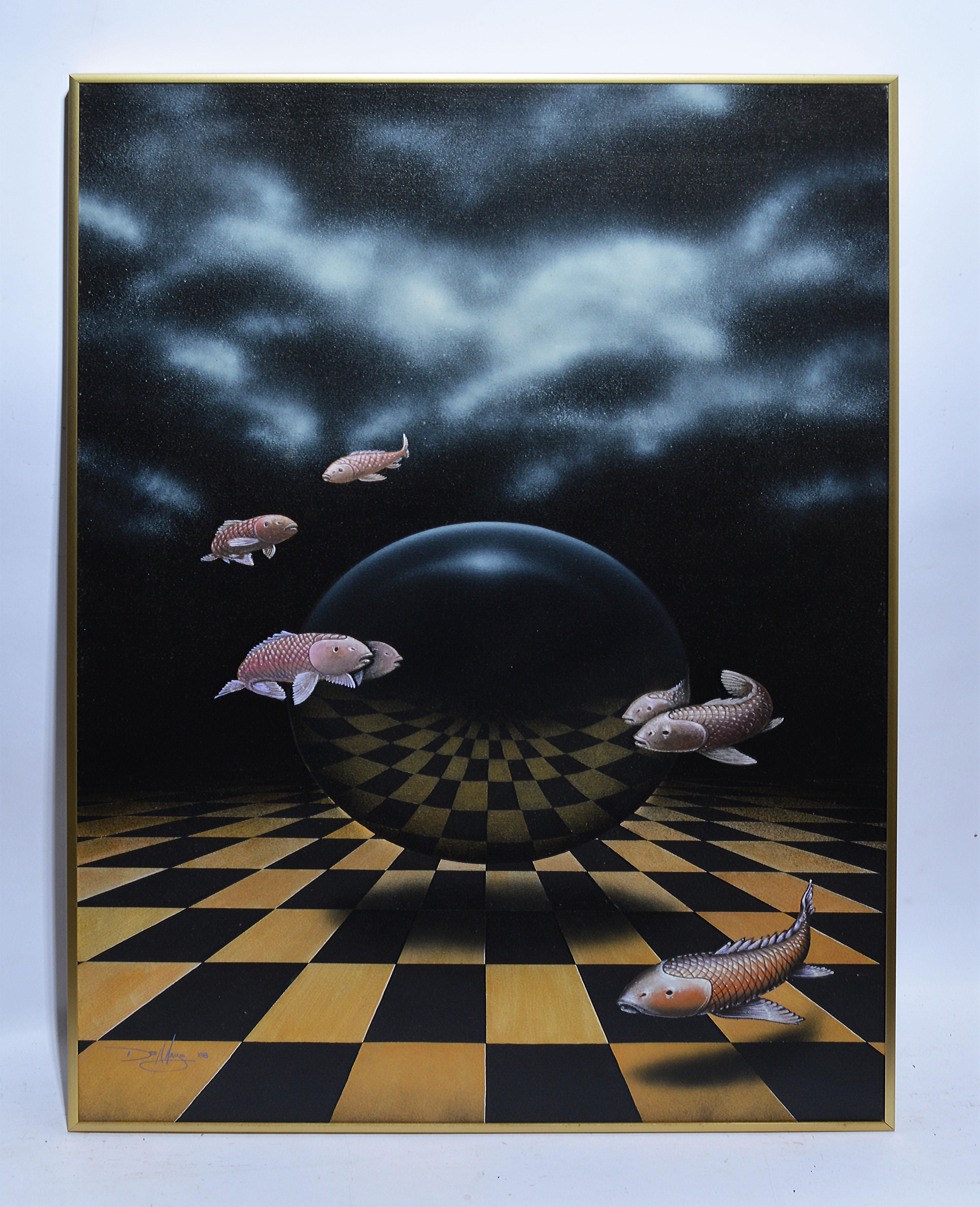 Unknown - Vintage American Super Realist Surreal Koi Fish Landscape ...