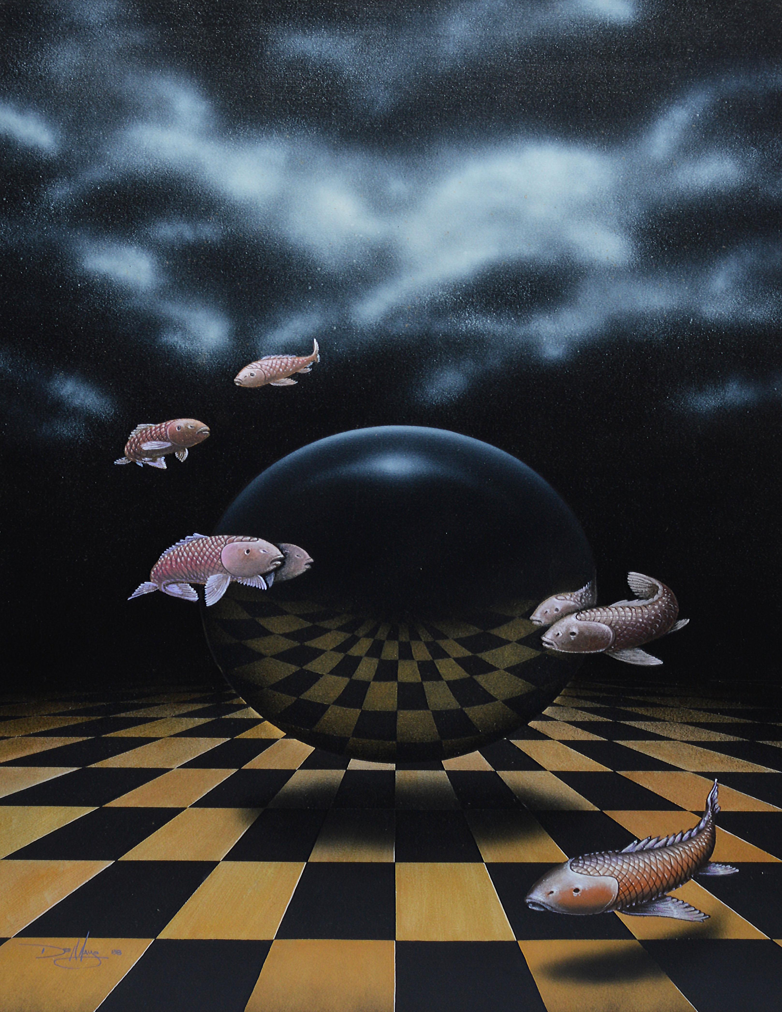 Unknown - Vintage American Super Realist Surreal Koi Fish Landscape ...