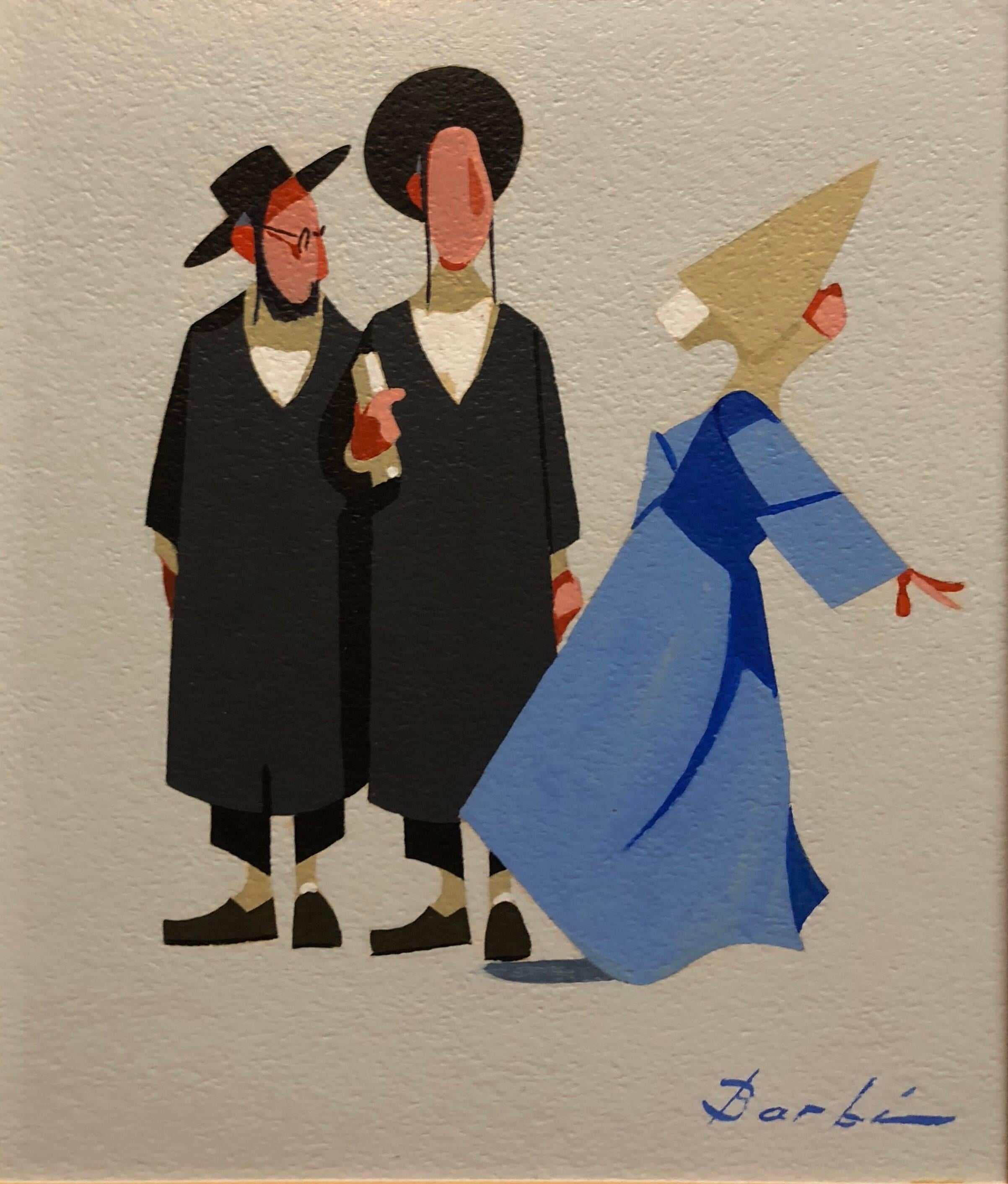 Unknown - Vintage French Judaica Caricature Gouache Painting Two rabbis ...