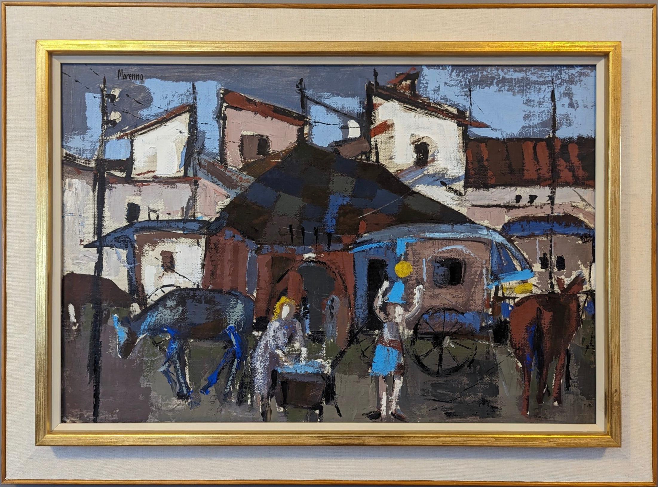 Unknown - Vintage Mid-Century Modern Street Scene Framed Oil Painting ...