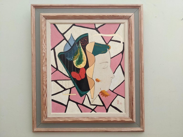 Unknown - Vintage Mid Century Modern Surrealist Portrait Framed Oil ...