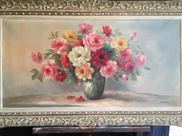 Unknown - Vintage Roses, Large French Shabby Chic Oil Painting at 1stDibs
