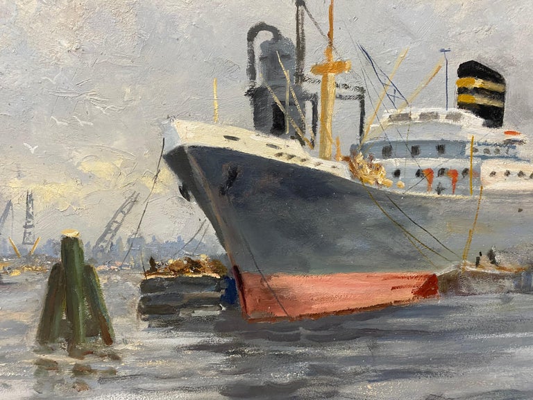 Unknown - Vintage "Ship Yard" Oil Painting C.1940s at 1stDibs
