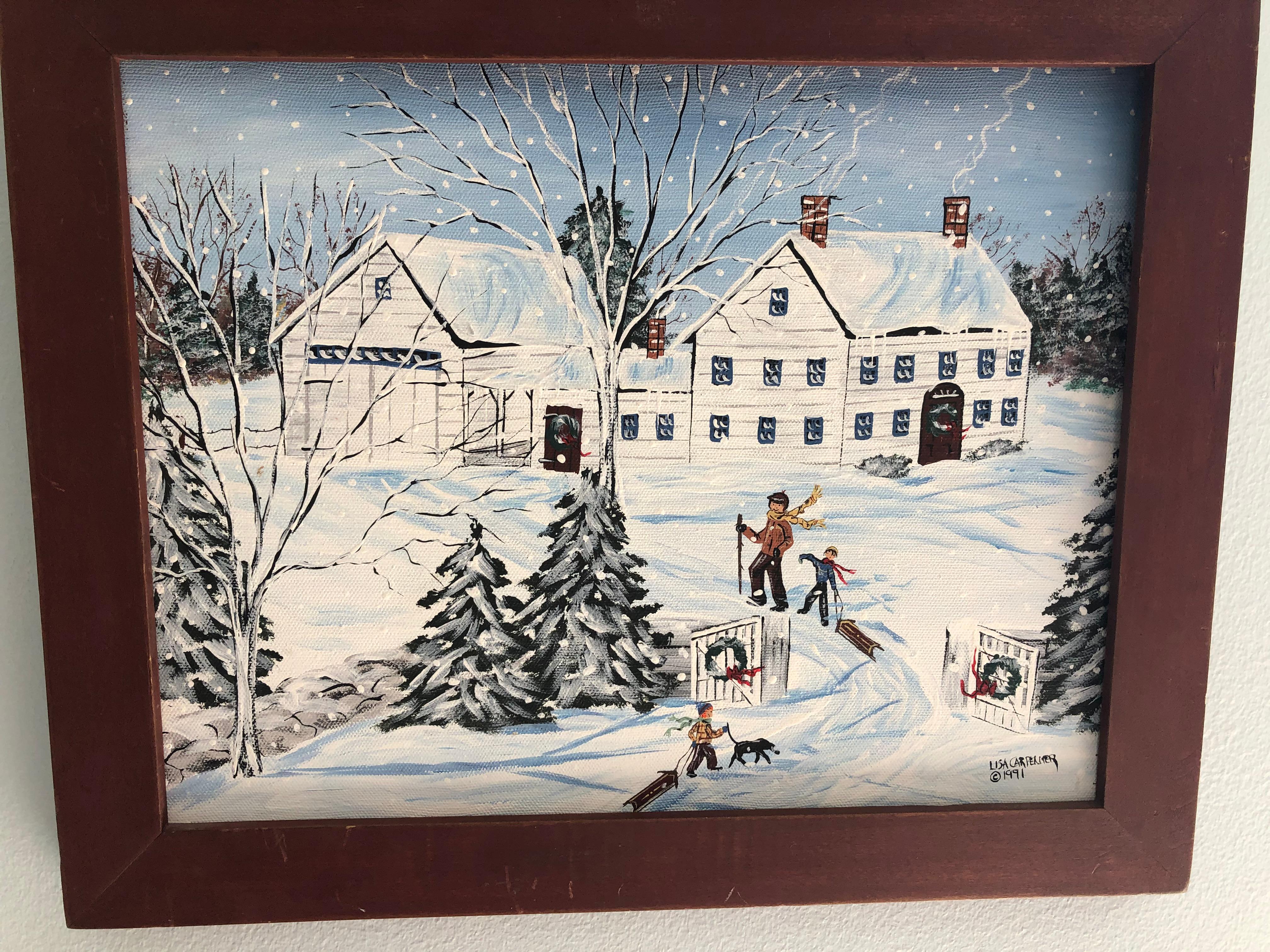 Unknown - Winter Folk Art Oil Painting at 1stDibs