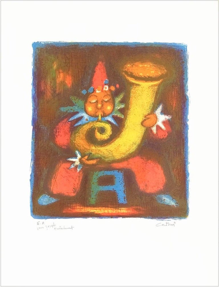 Unknown - CLOWN TUBA PLAYER Signed Lithograph, Circus Clown Portrait ...