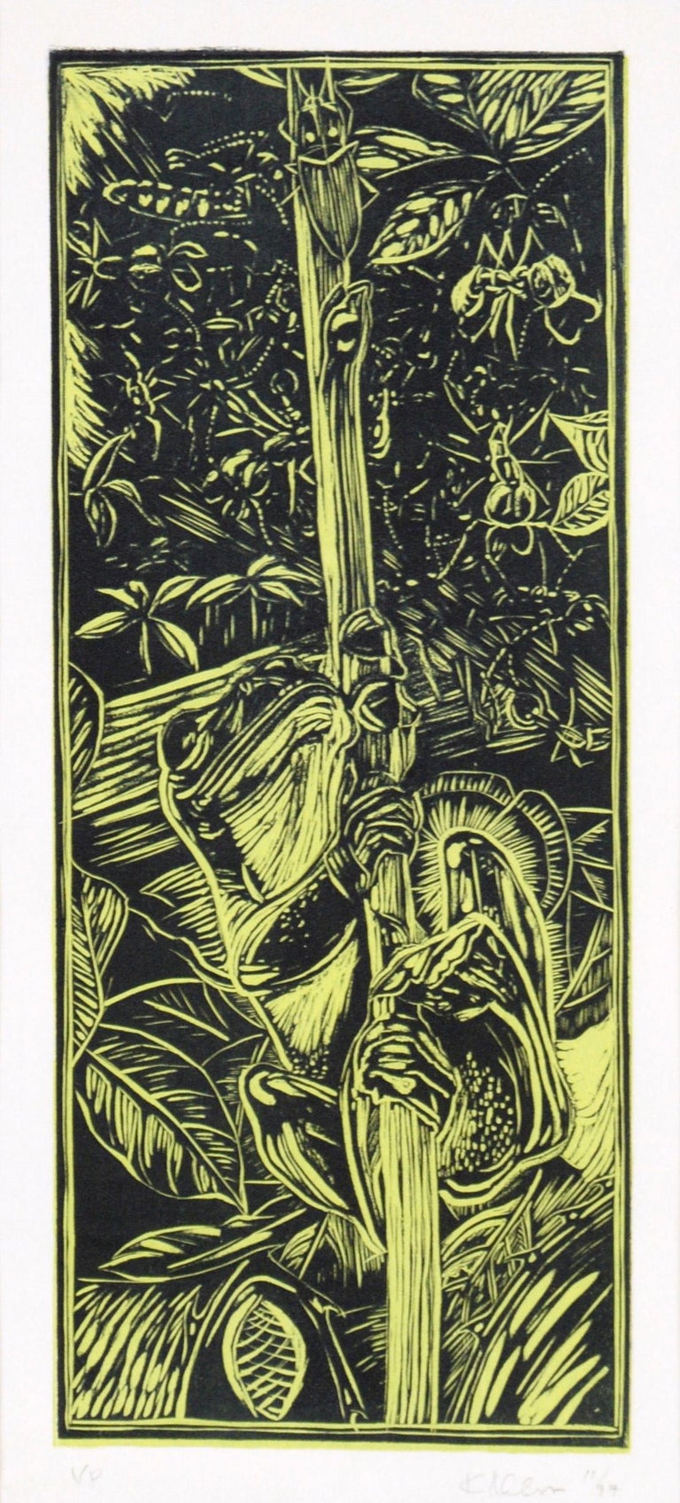 Unknown - Frog on a Stalk in the Jungle - Linocut Print on Tissue Paper ...