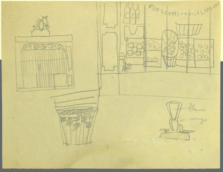 Unknown - Interior of Grocery Store - Original Pencil Drawing - Mid ...