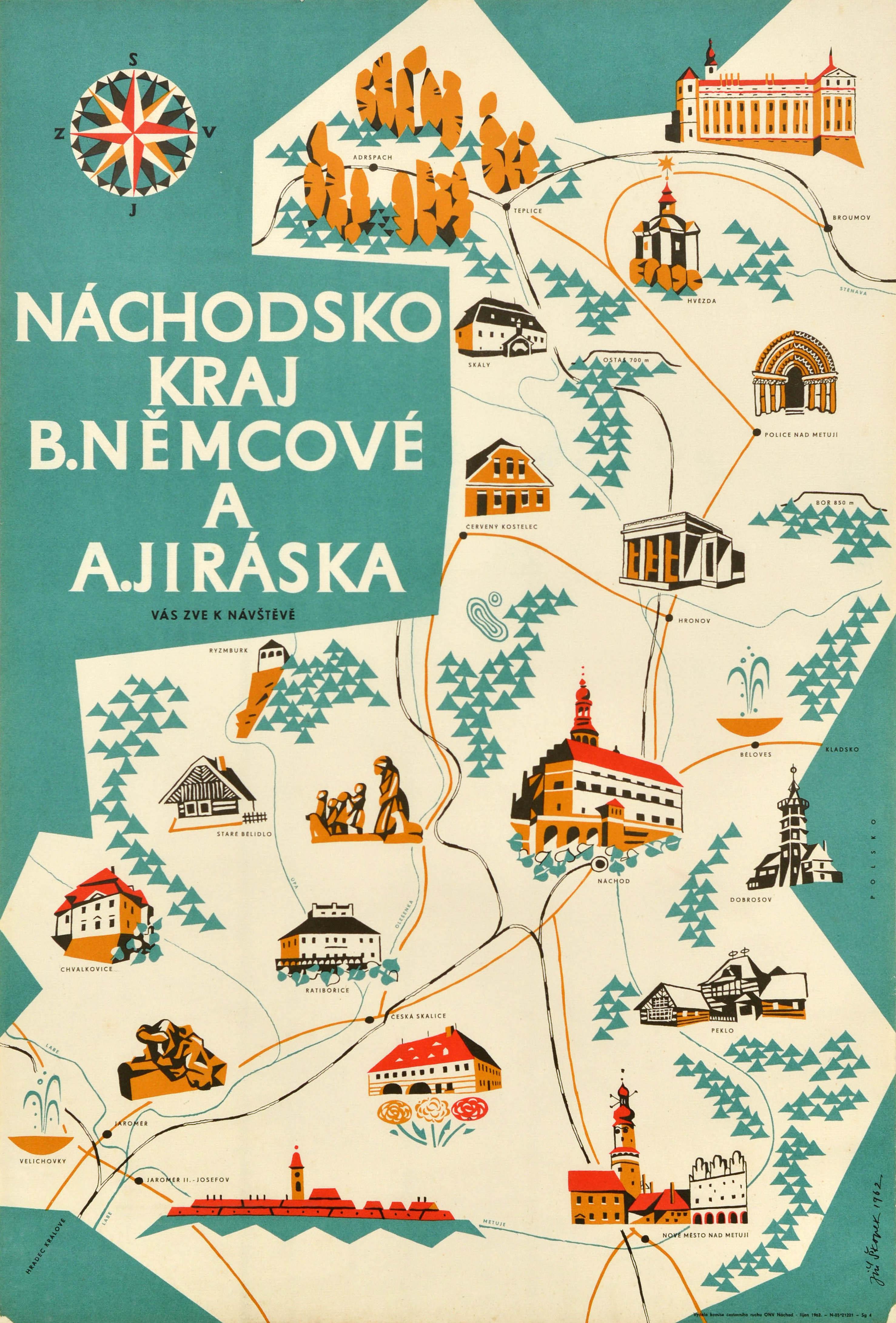 Unknown - Original Vintage Pictorial Travel Map Nachod Region ...