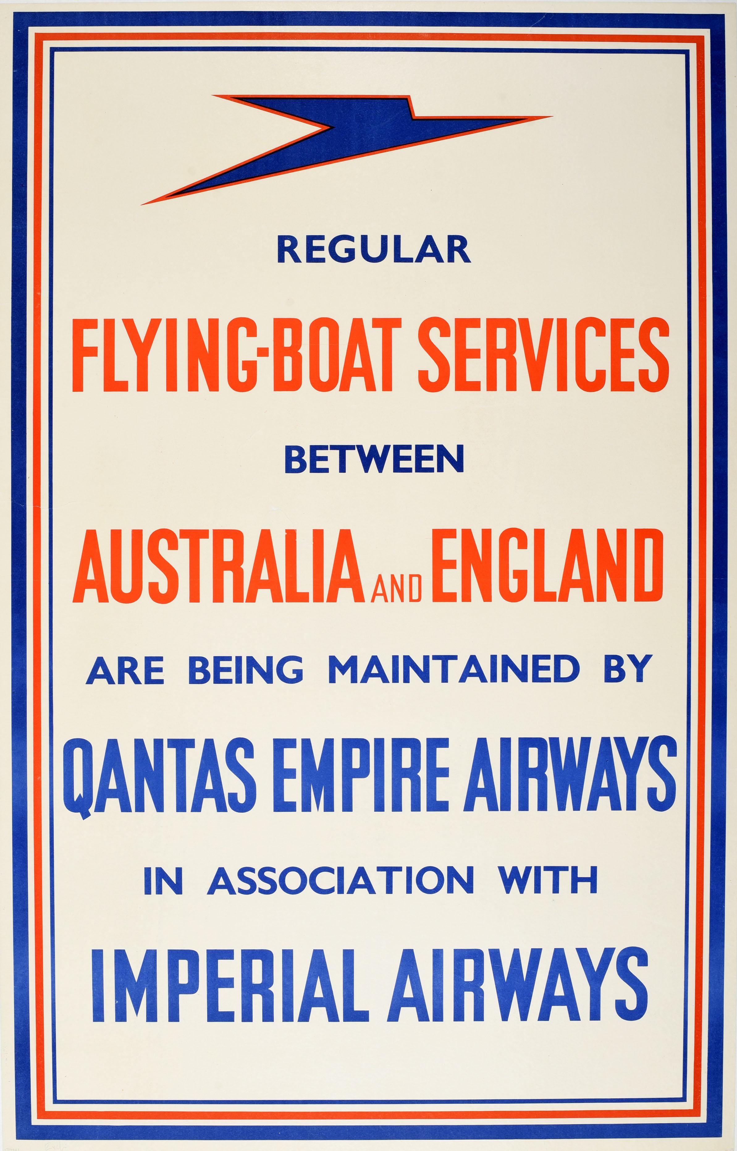 Original Vintage Travel Advertising Poster Flying Boat Services Qantas ...