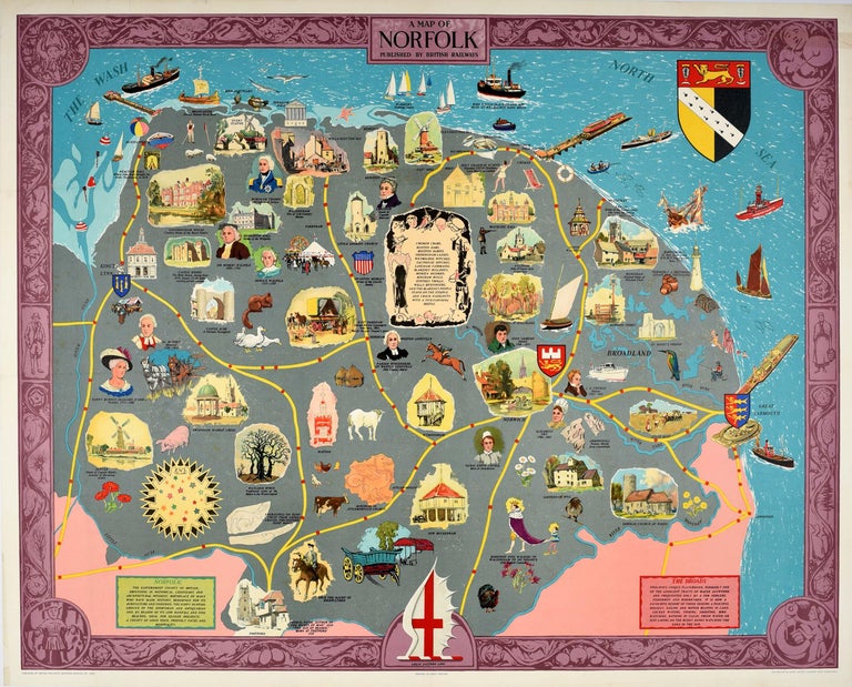 Unknown - Original Vintage Travel Advertising Poster Map Of Norfolk ...