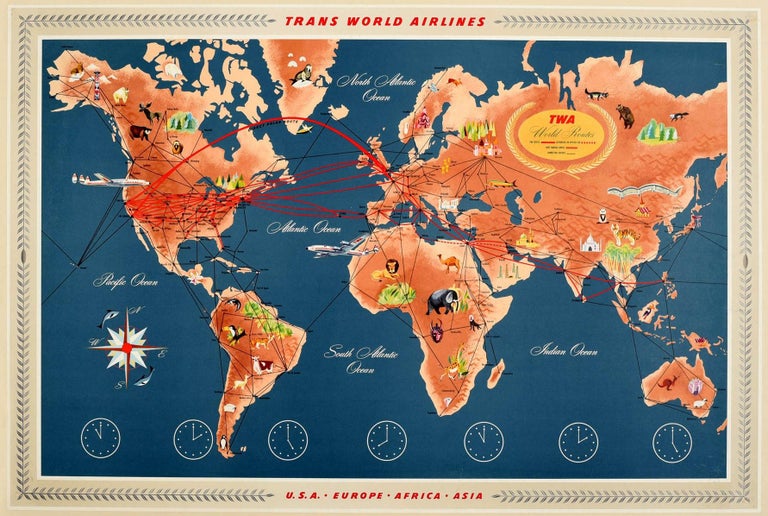 Unknown - Original Vintage Travel Poster TWA World Routes Pictorial Map ...