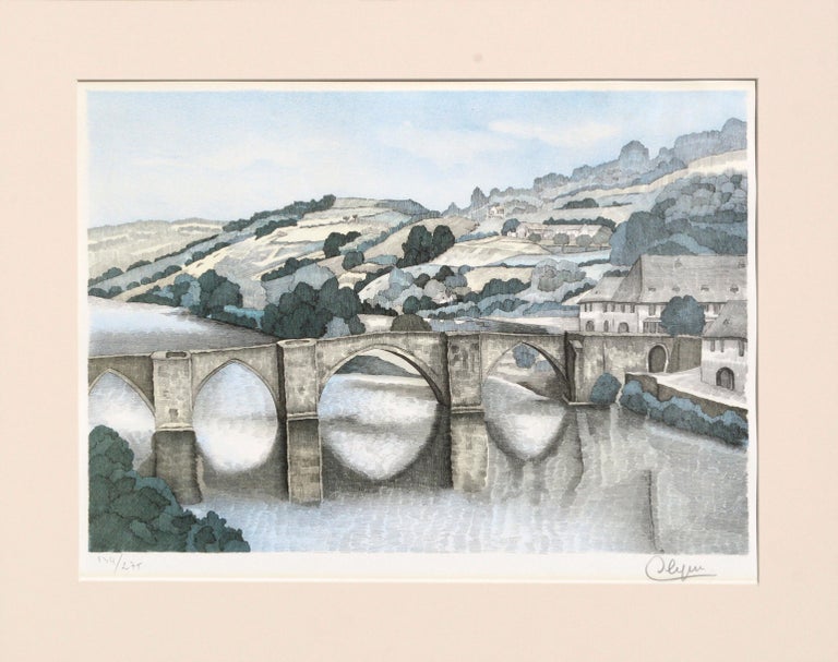Unknown - Stone Bridge Landscape, Mid Century Hand Colored Lithograph ...