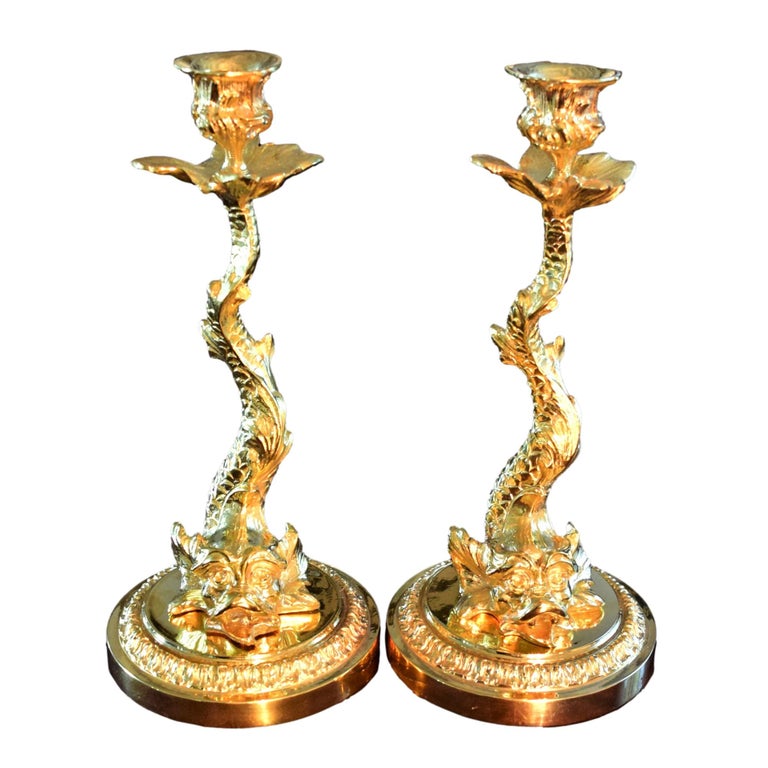 Unknown - Charming Pair Of French Ormolu Triton Shaped Candlesticks For ...