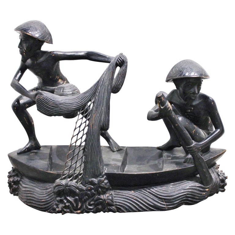 Unknown - Indonesian Wooden Sculpture of Fishermen on a Boat at 1stDibs
