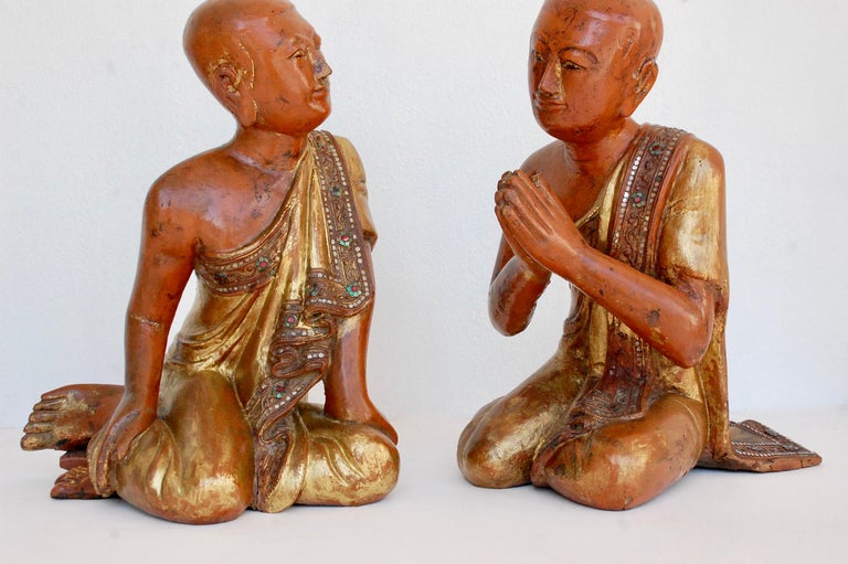 Unknown - Pair of 19th Century Wood And Lacquer Buddhist Monks Statues ...
