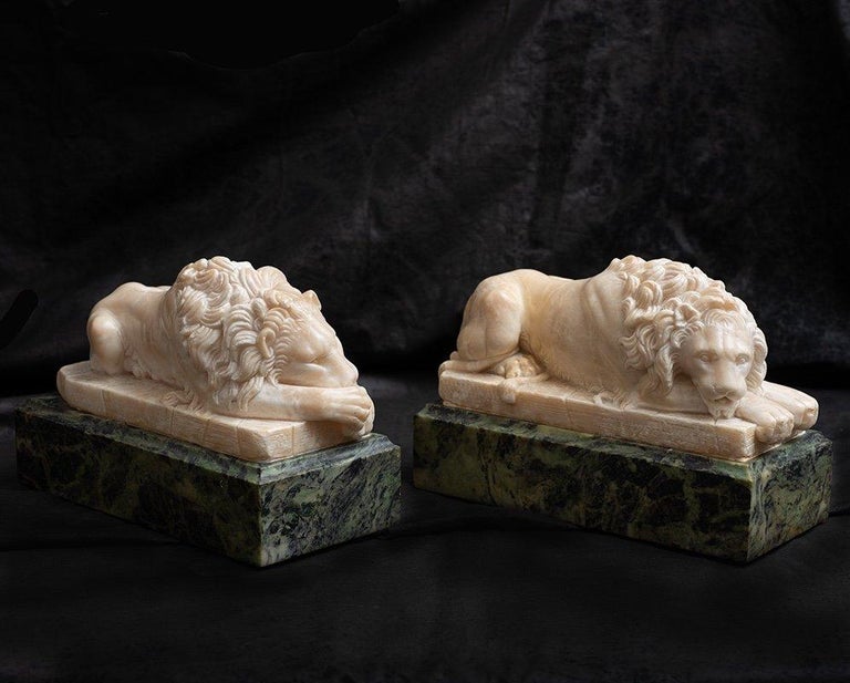 Unknown - Pair of Alabaster Lions with Marble Bases; Florence, Italy ...