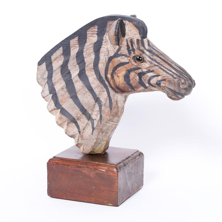 Unknown - Pair of Carved Wood Zebra Head Sculptures For Sale at 1stDibs