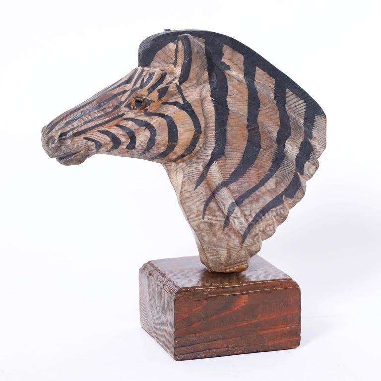 Unknown - Pair of Carved Wood Zebra Head Sculptures For Sale at 1stDibs
