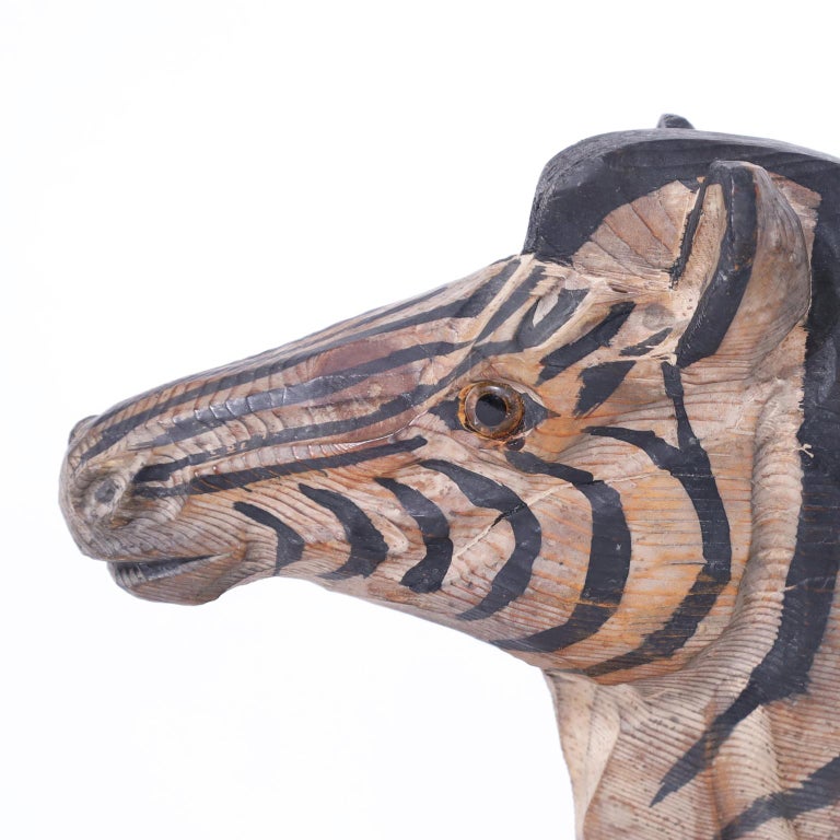 Unknown - Pair of Carved Wood Zebra Head Sculptures For Sale at 1stDibs