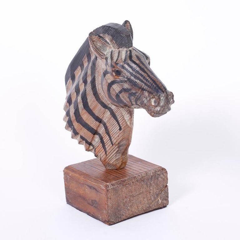 Unknown - Pair of Carved Wood Zebra Head Sculptures For Sale at 1stDibs