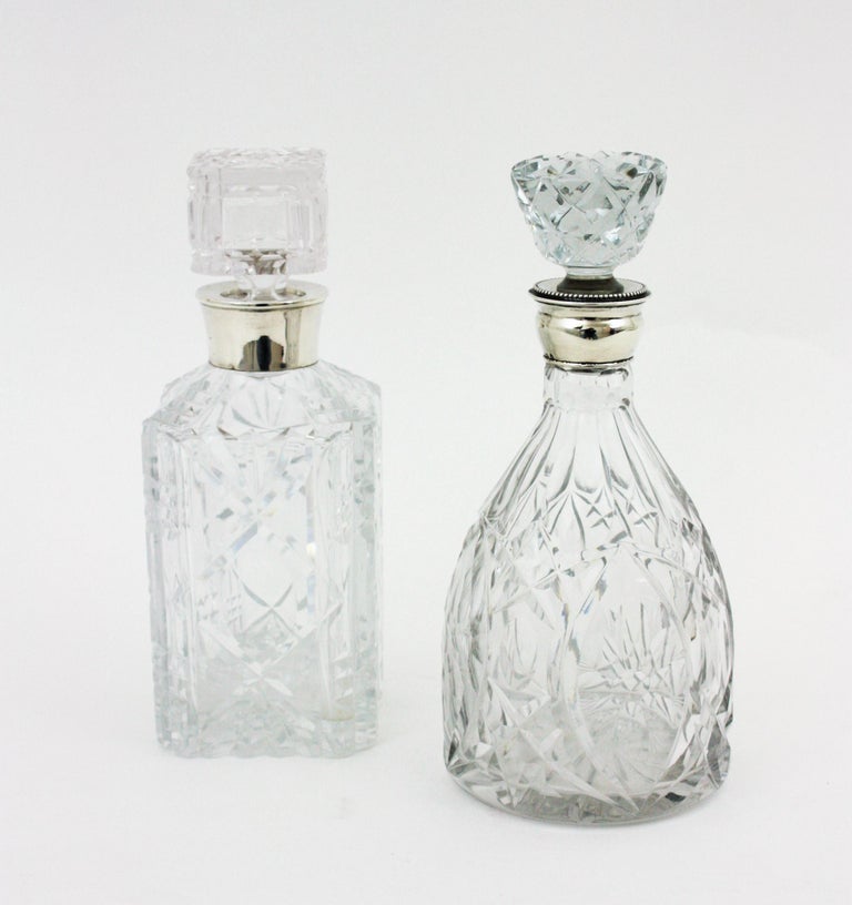 Unmatching Pair of Cut Crystal and Silver Liqueur Decanters For Sale at ...
