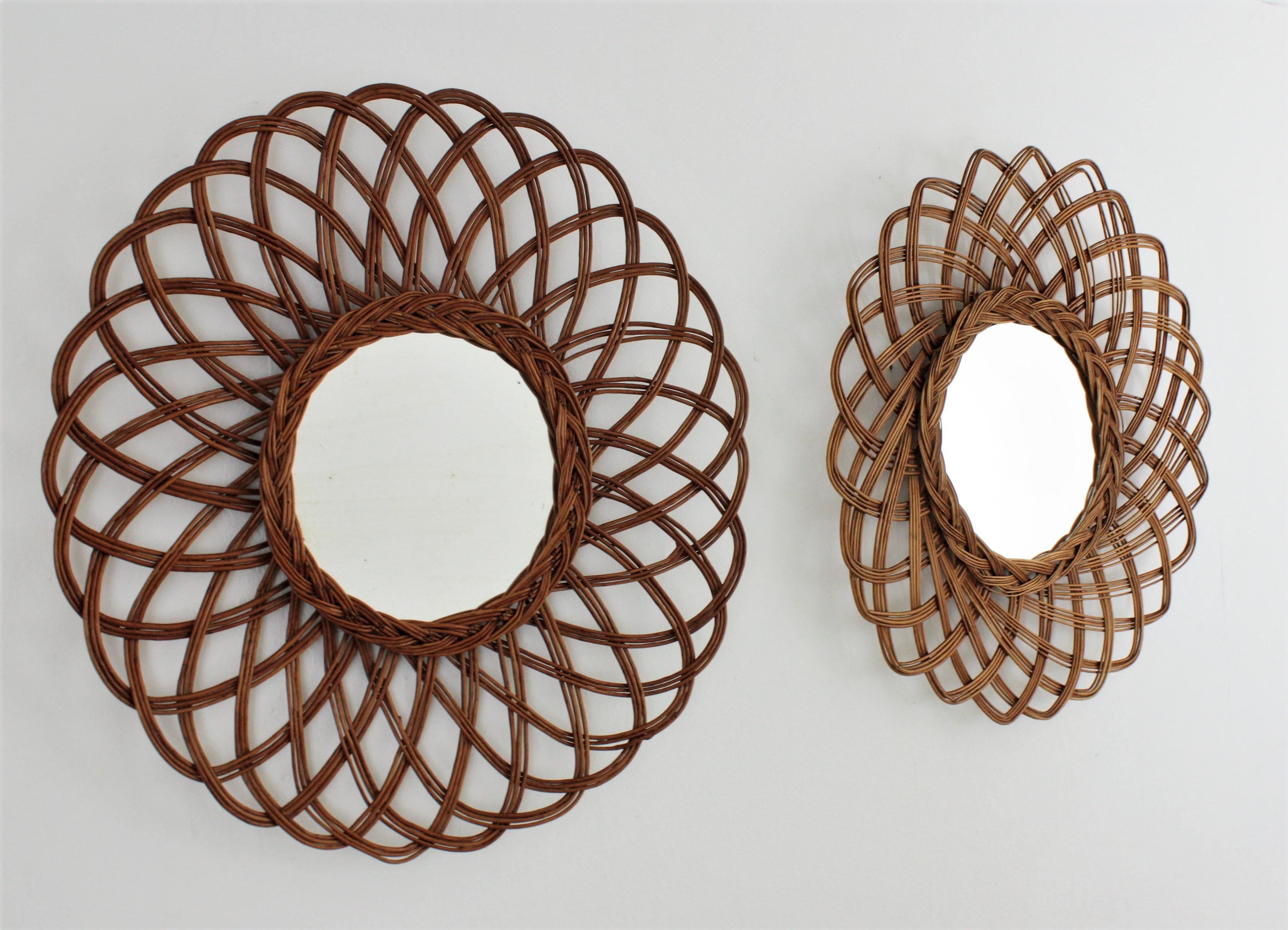 Unmatching Pair of Rattan Sunburst Flower Shaped Mirrors, Spain, 1960s ...