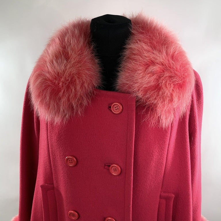 Unsigned Vintage Hot Pink Wool Double Breasted Coat with Fox Fur Trim ...