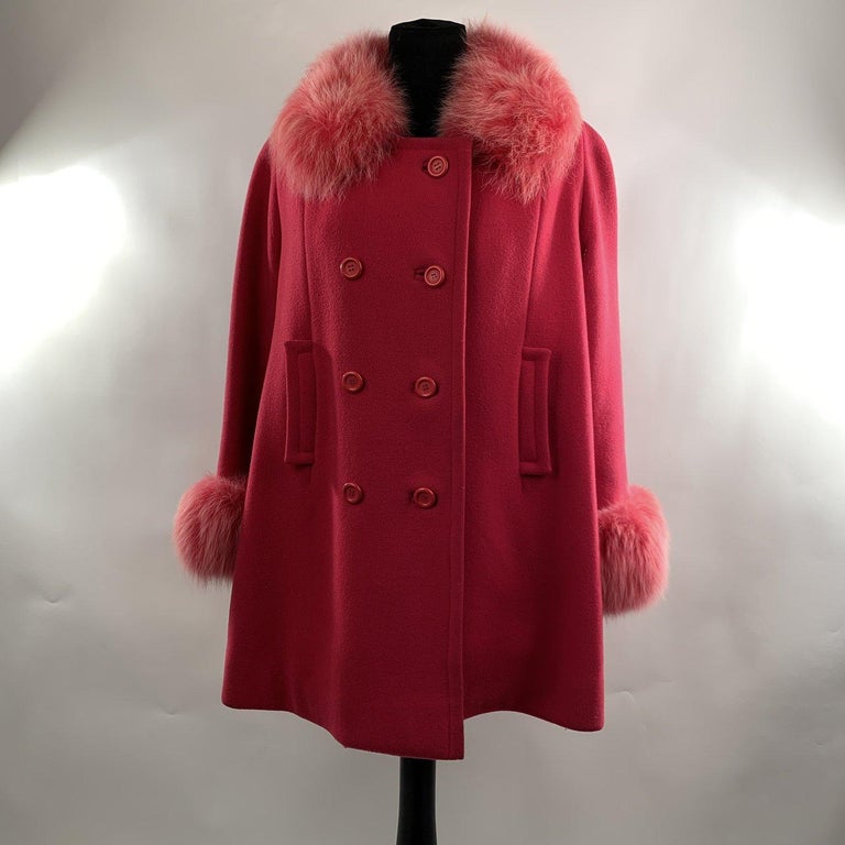 Unsigned Vintage Hot Pink Wool Double Breasted Coat with Fox Fur Trim ...