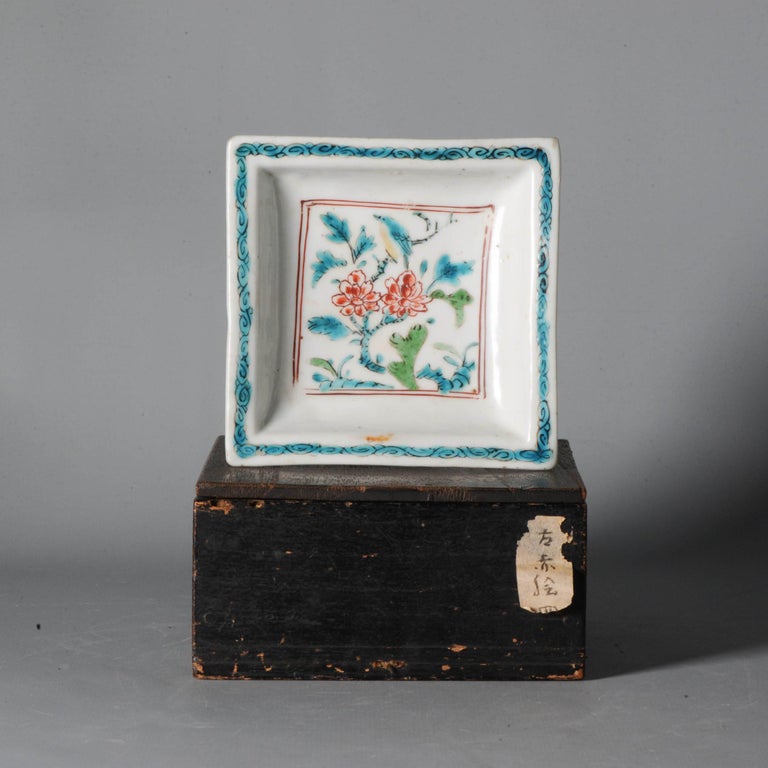 Unusual 17th C. Chinese Porcelain Ming Period Square Dish Turquoise Bird Flowers For Sale at 1stDibs