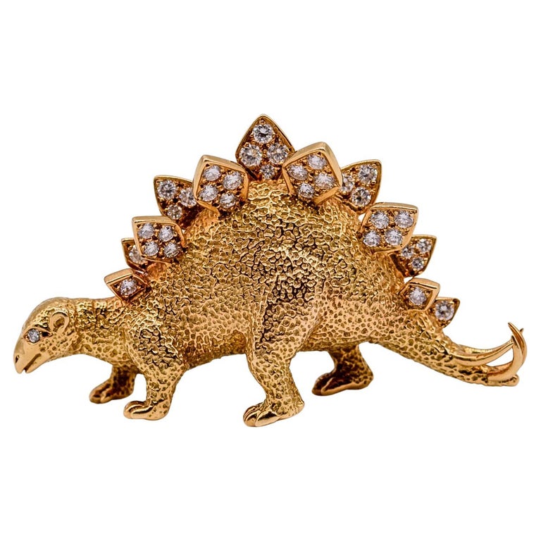 Unusual 18 Karat Gold Diamond Stegosaurus Dinosaur Pin For Sale at 1stDibs