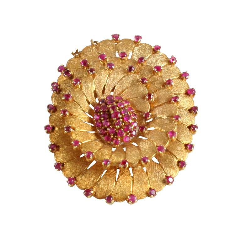 Unusual 18kt Yellow Gold and Ruby Pin For Sale at 1stDibs