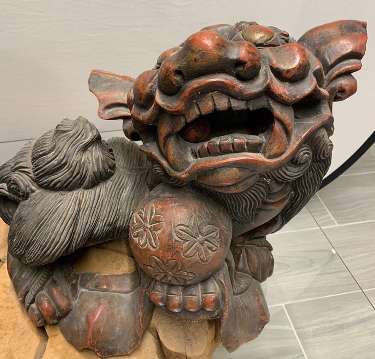 Unusual Antique Chinese Carved Wood Foo Dogs Sculptures For Sale at 1stDibs