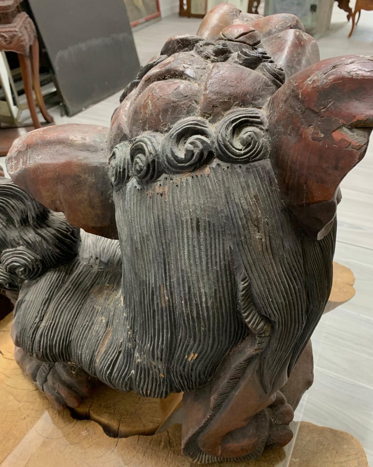 Unusual Antique Chinese Carved Wood Foo Dogs Sculptures For Sale at 1stDibs