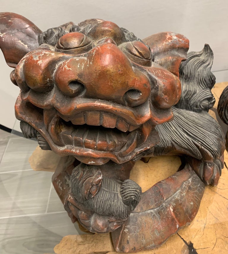 Unusual Antique Chinese Carved Wood Foo Dogs Sculptures For Sale at 1stDibs