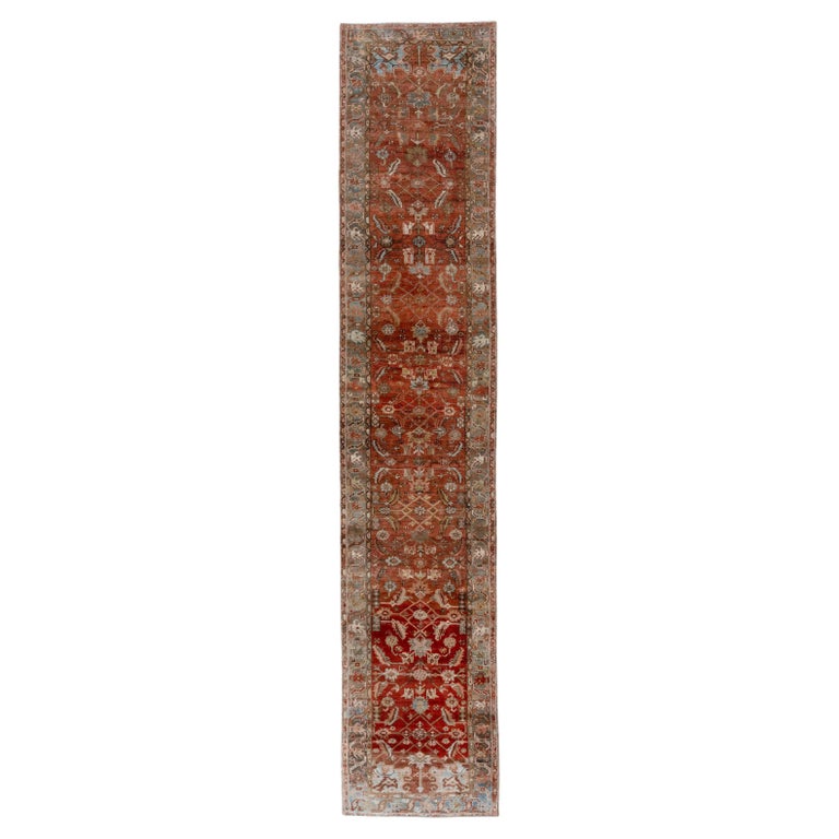 Unusual Antique Persian Heriz Long Runner, Rust Field, Gray Borders ...
