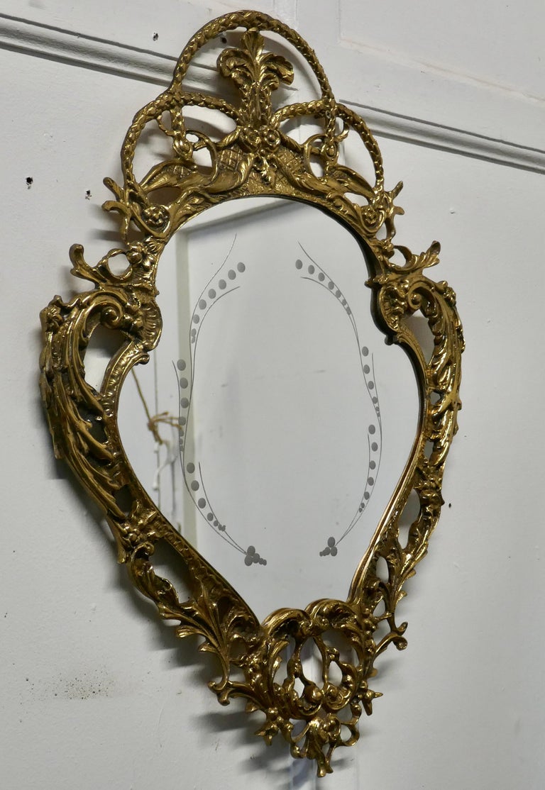 Unusual Brass Filigree Mirror with Etched Glass Pattern For Sale at 1stDibs