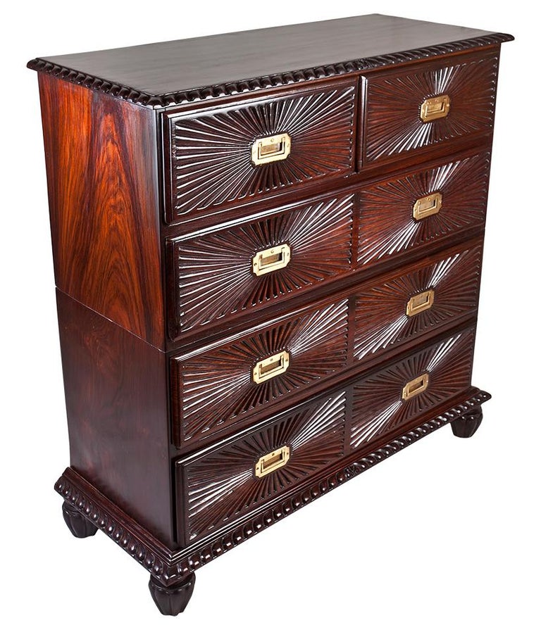 Unusual Campaign Rosewood Chest of Drawers with Sunburst Carved Drawer ...