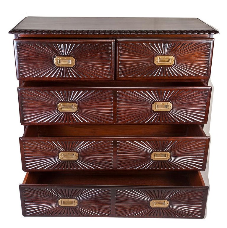 Unusual Campaign Rosewood Chest of Drawers with Sunburst Carved Drawer ...