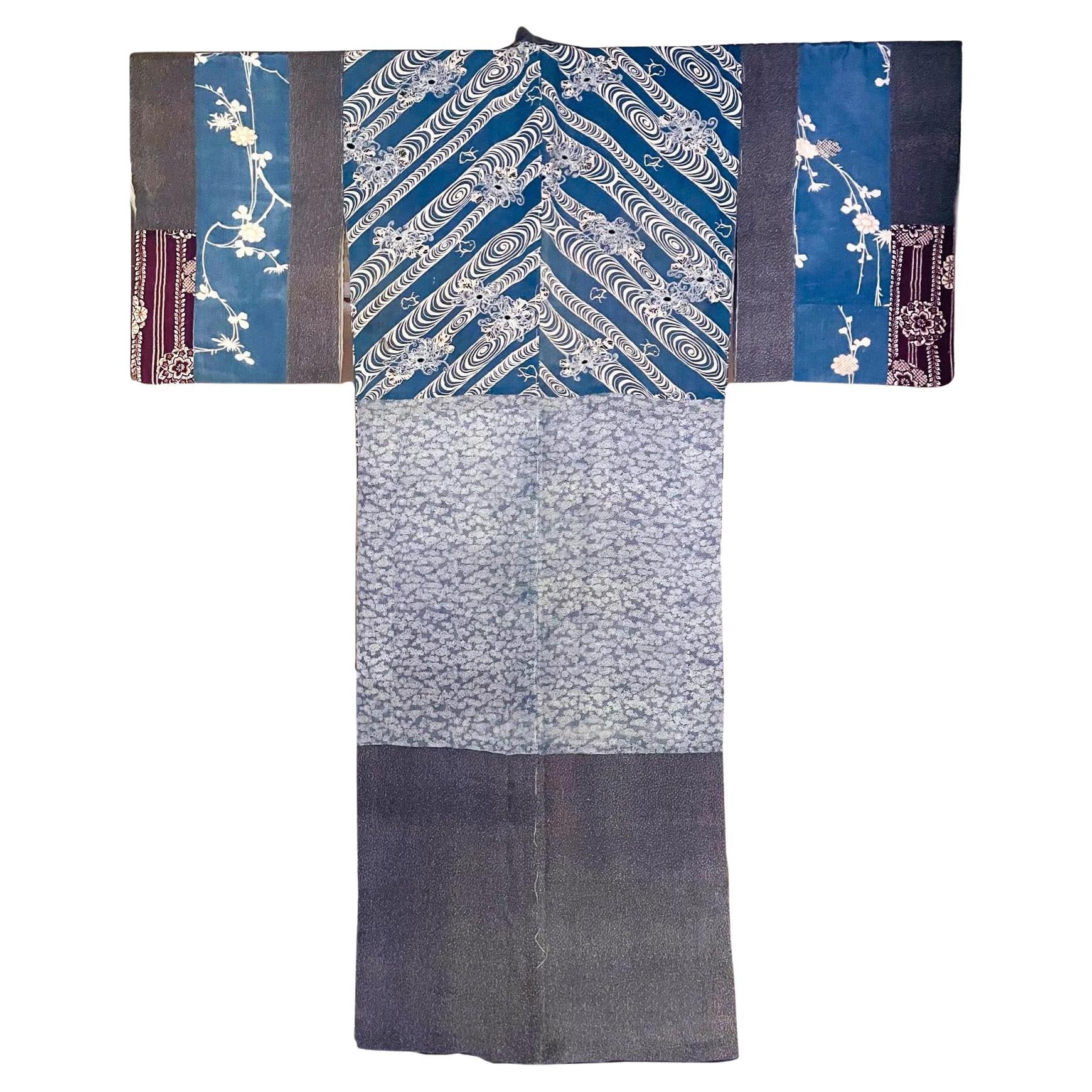 Unusual Japanese Silk Sectional Kimono with Distinct Stencil Designs at ...