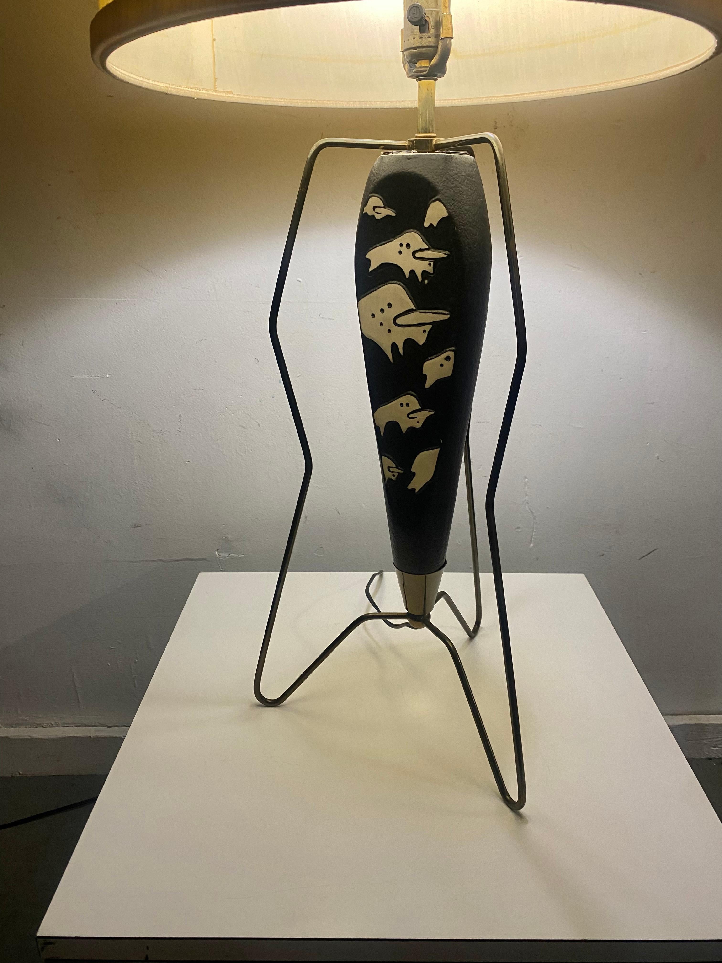 Unusual Mid Century Pottery / Wire Frame Table Lamp Embossed Bisons ...
