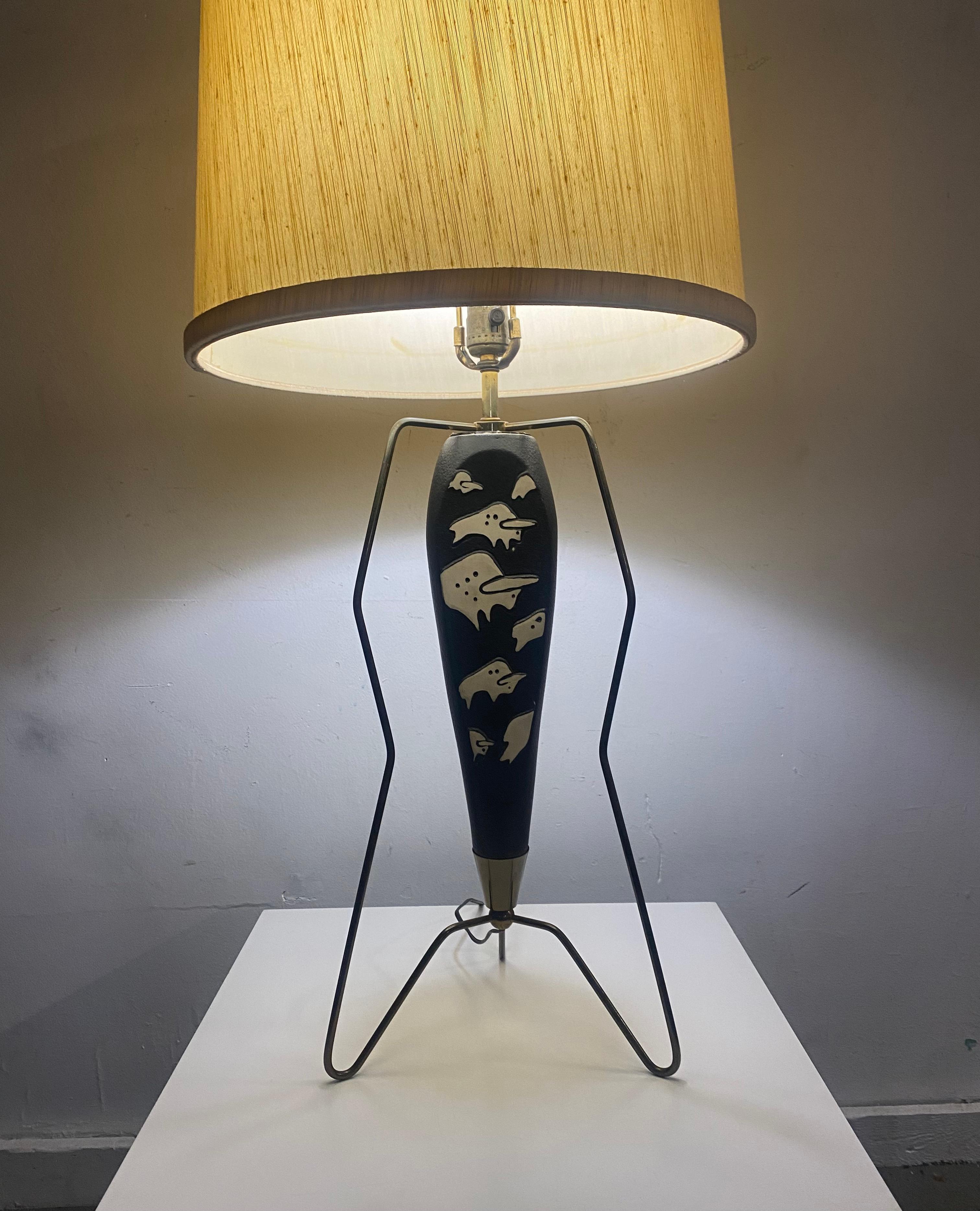 Unusual Mid Century Pottery / Wire Frame Table Lamp Embossed Bisons ...