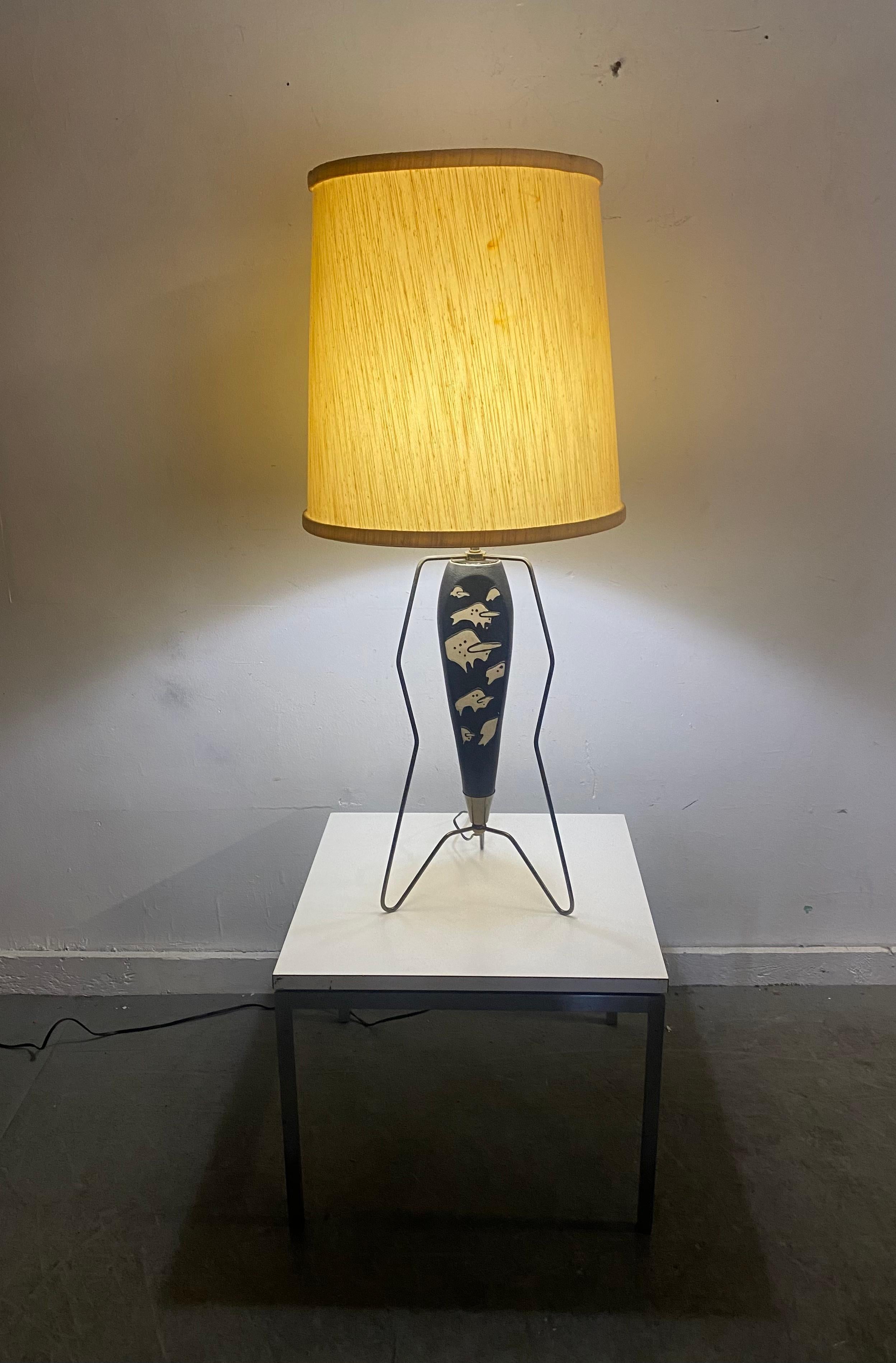 Unusual Mid Century Pottery / Wire Frame Table Lamp Embossed Bisons ...