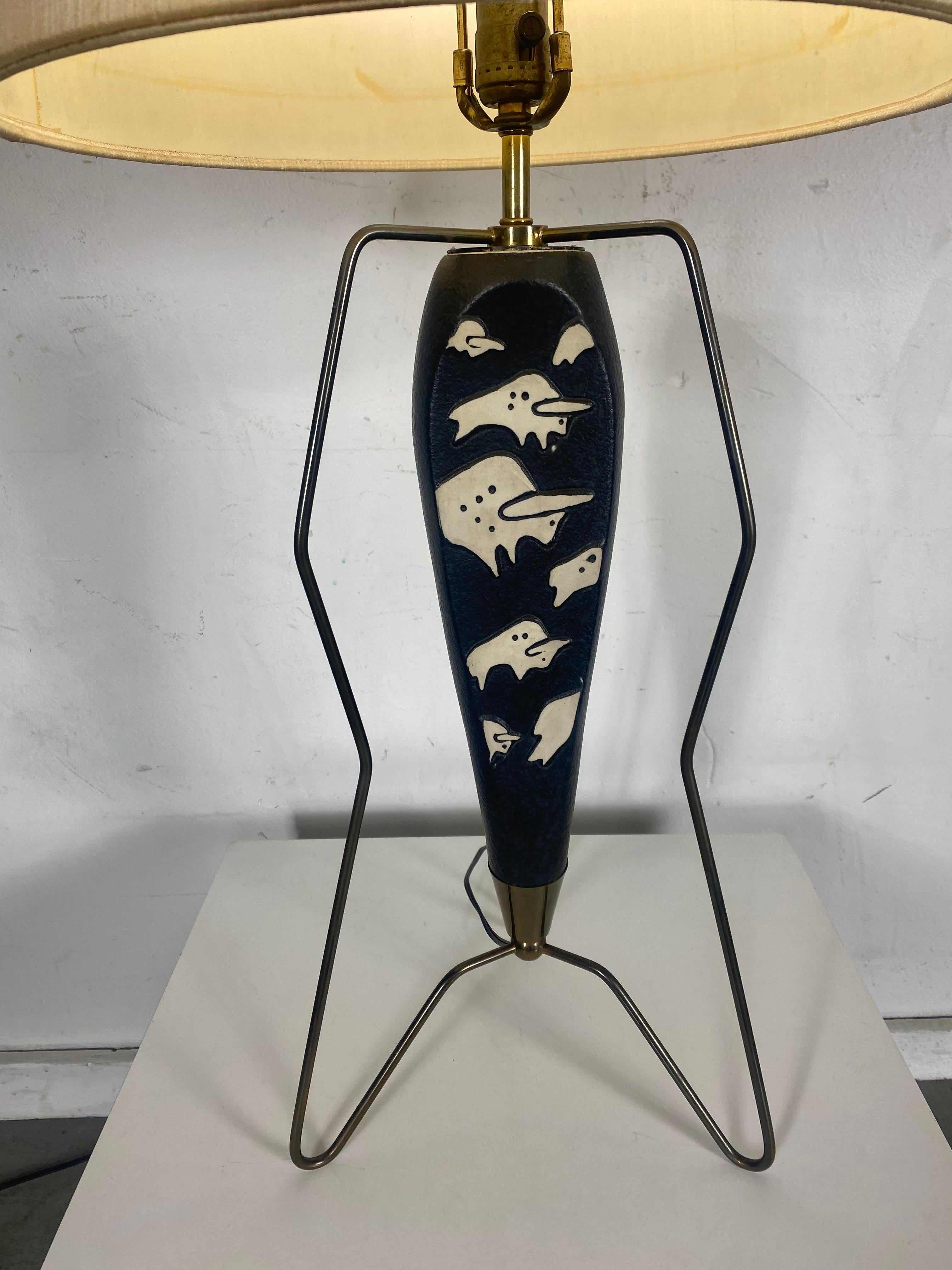 Unusual Mid Century Pottery / Wire Frame Table Lamp Embossed Bisons ...
