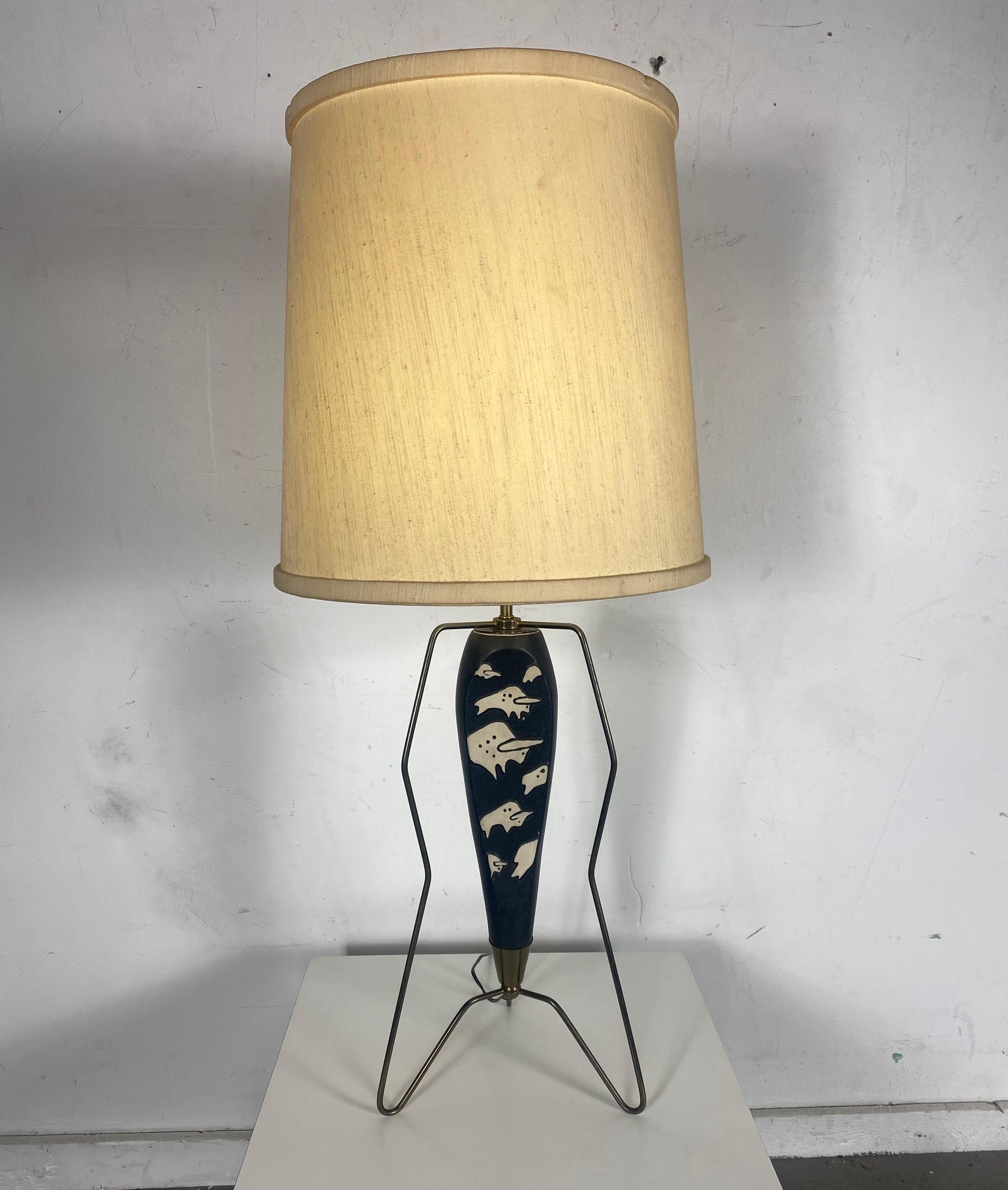 Unusual Mid Century Pottery / Wire Frame Table Lamp Embossed Bisons ...