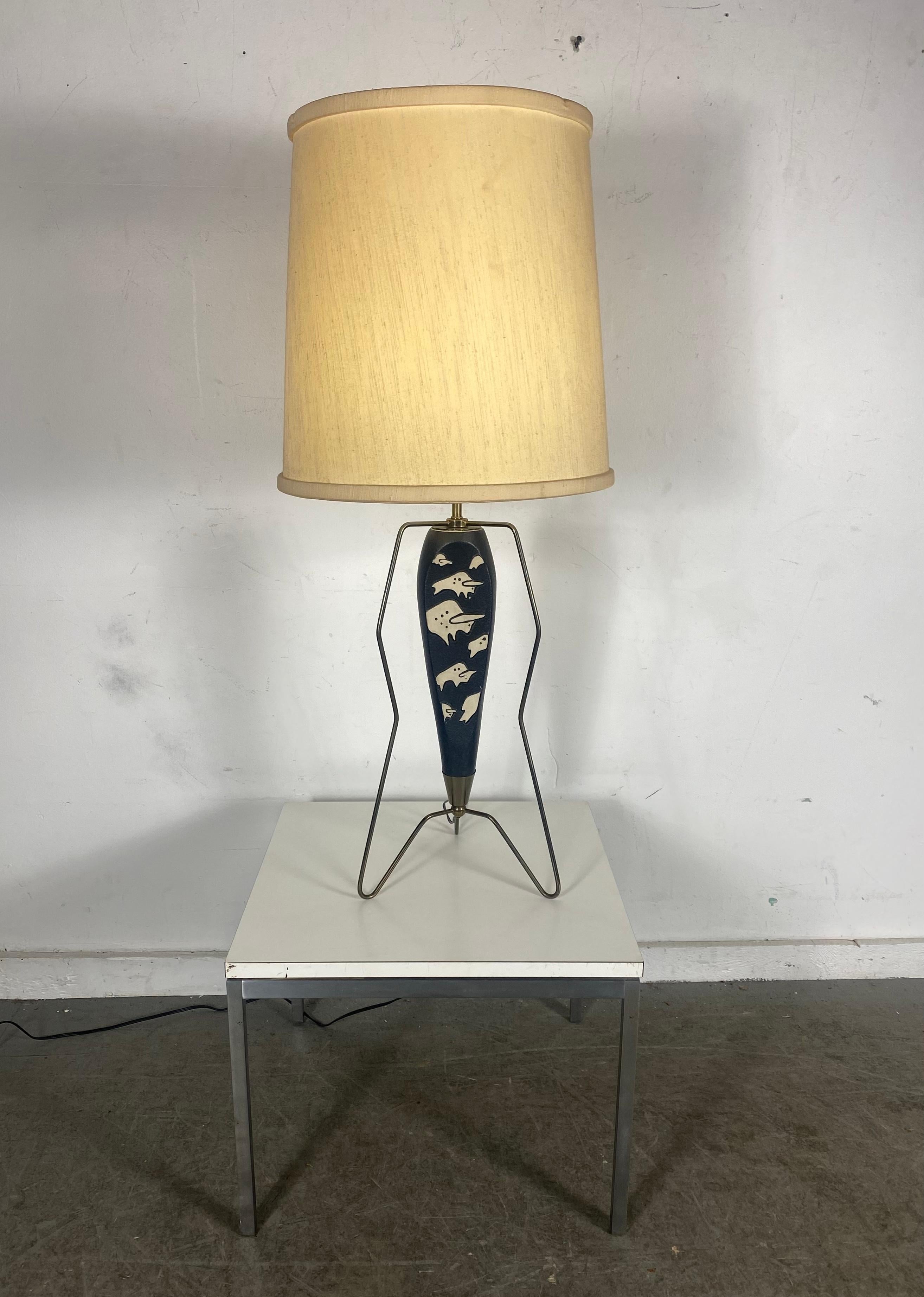 Unusual Mid Century Pottery / Wire Frame Table Lamp Embossed Bisons ...