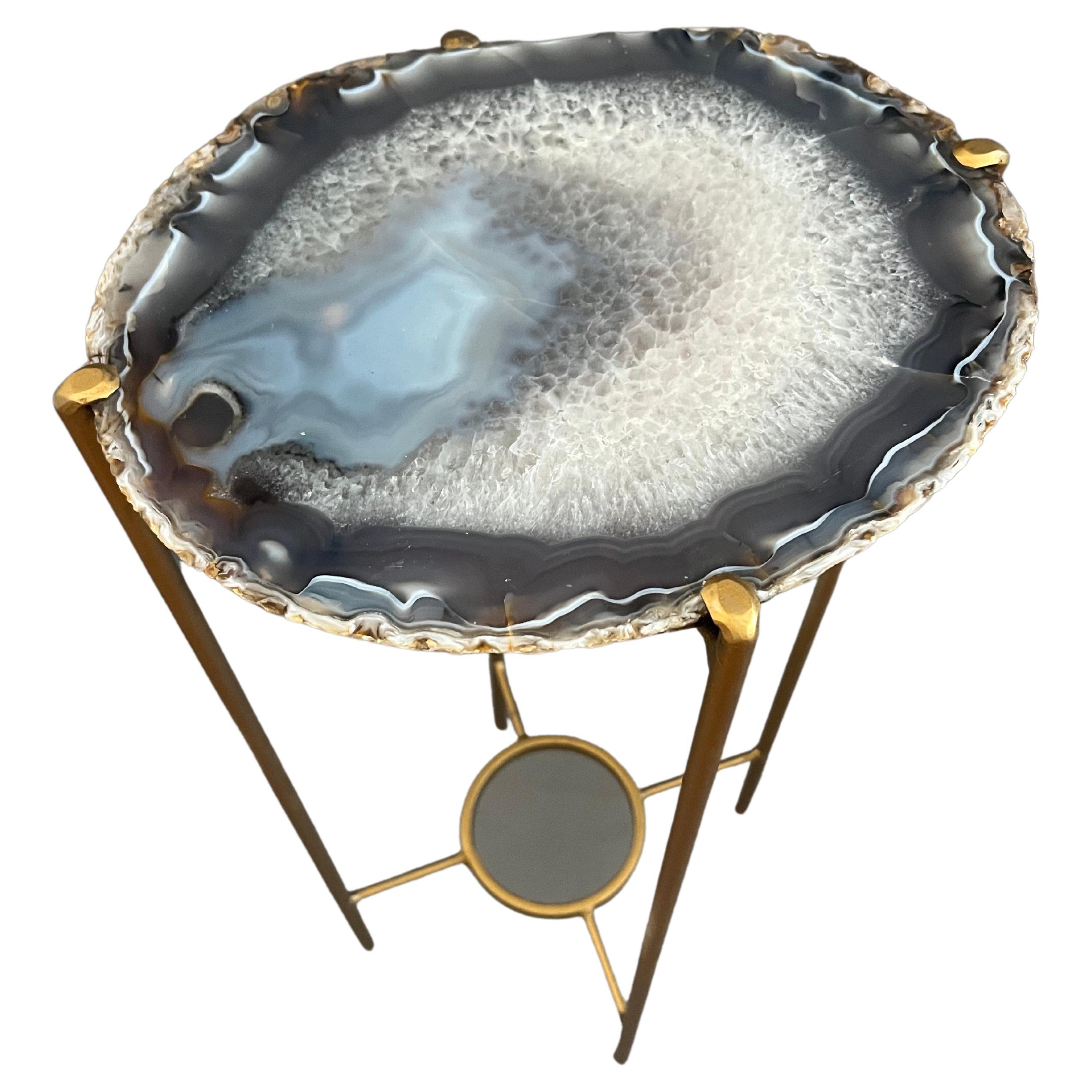 Organic Modern White with Dark Gray Edge Geode Table with Gold Gilt ...