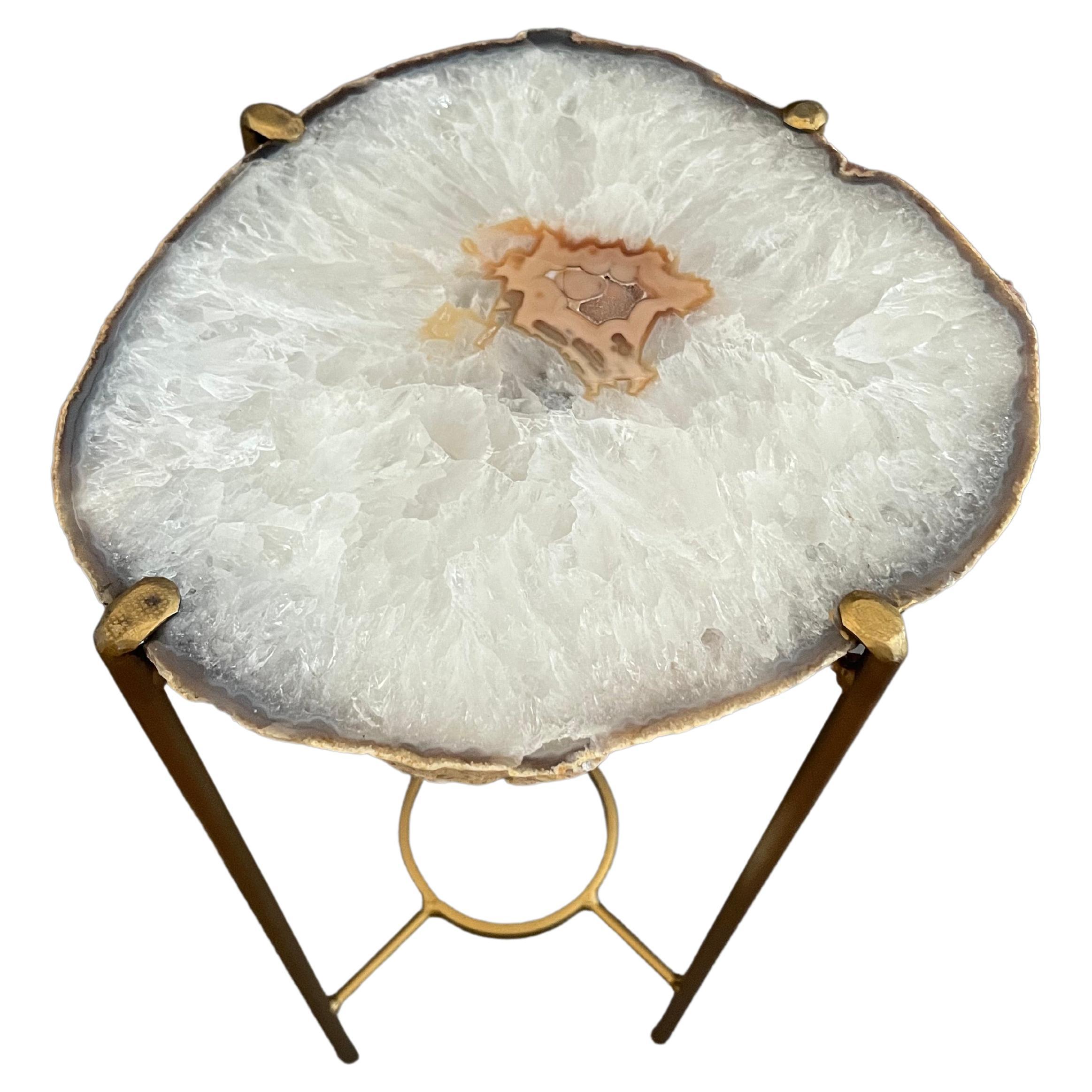 Organic Modern Blue White Gray Geode Drink Table with Gold Gilt Base at ...